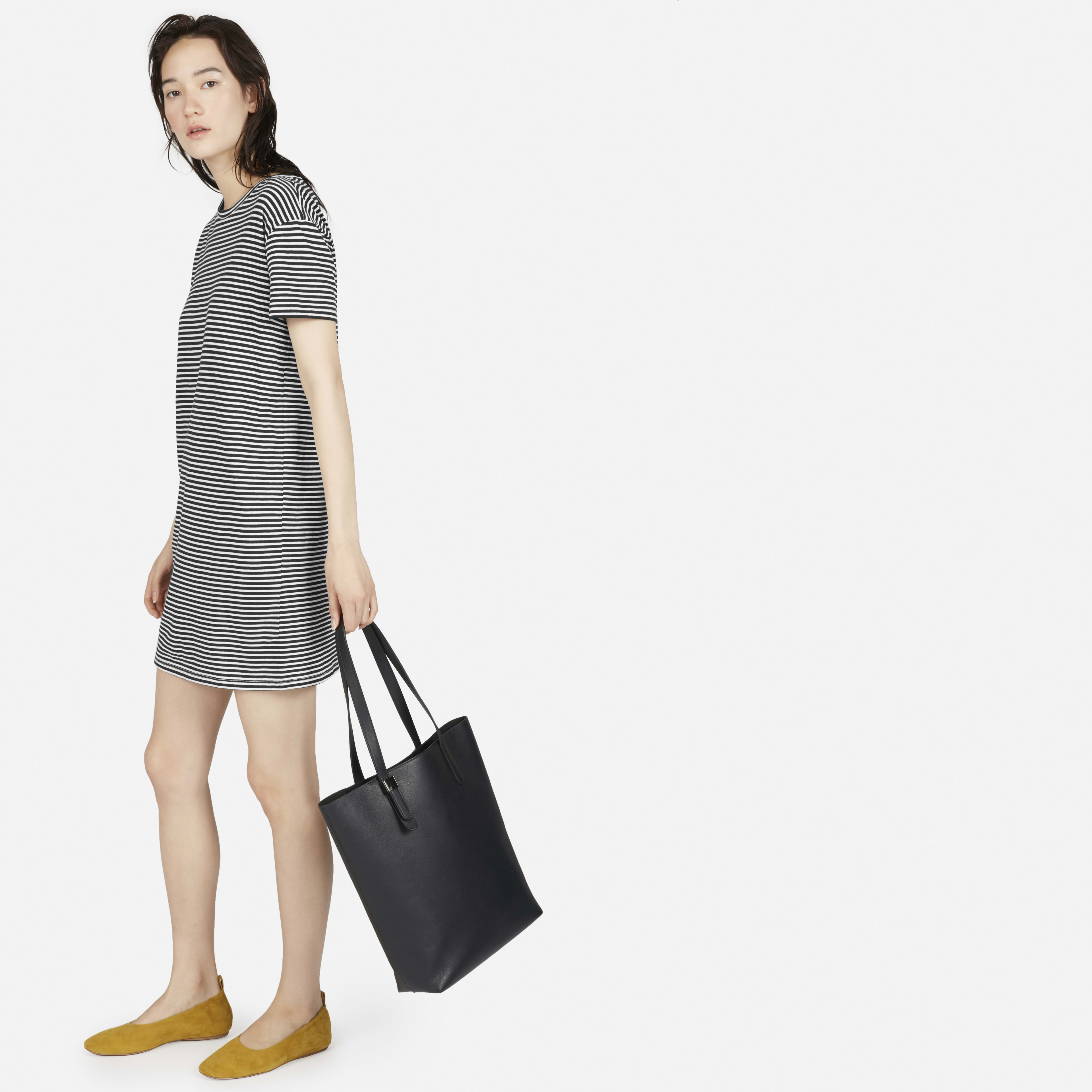 The Cotton Box-Cut Tee Dress Washed Black / Bone Mini Stripe – Everlane