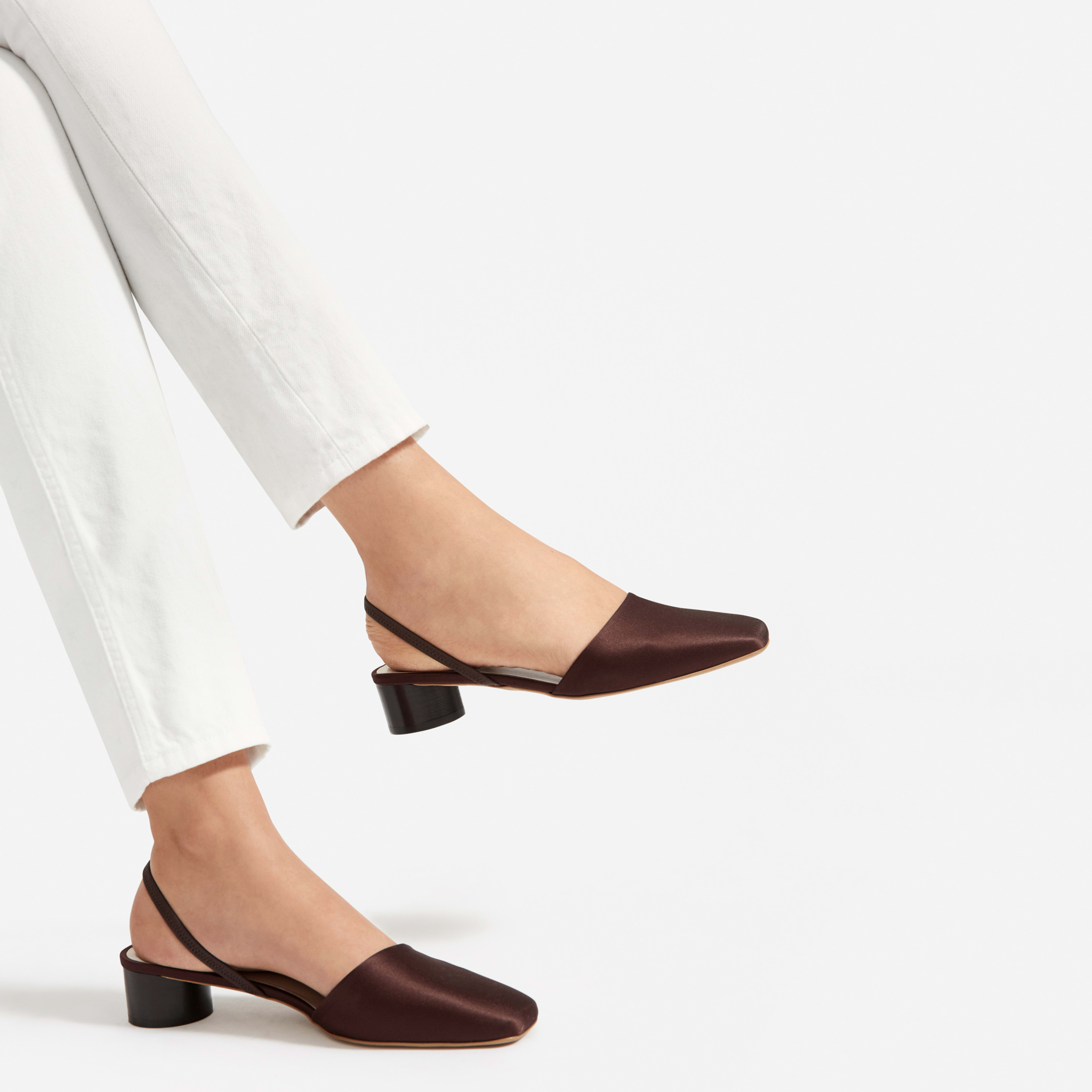 The Tapered Square Toe Slingback Chocolate Satin – Everlane