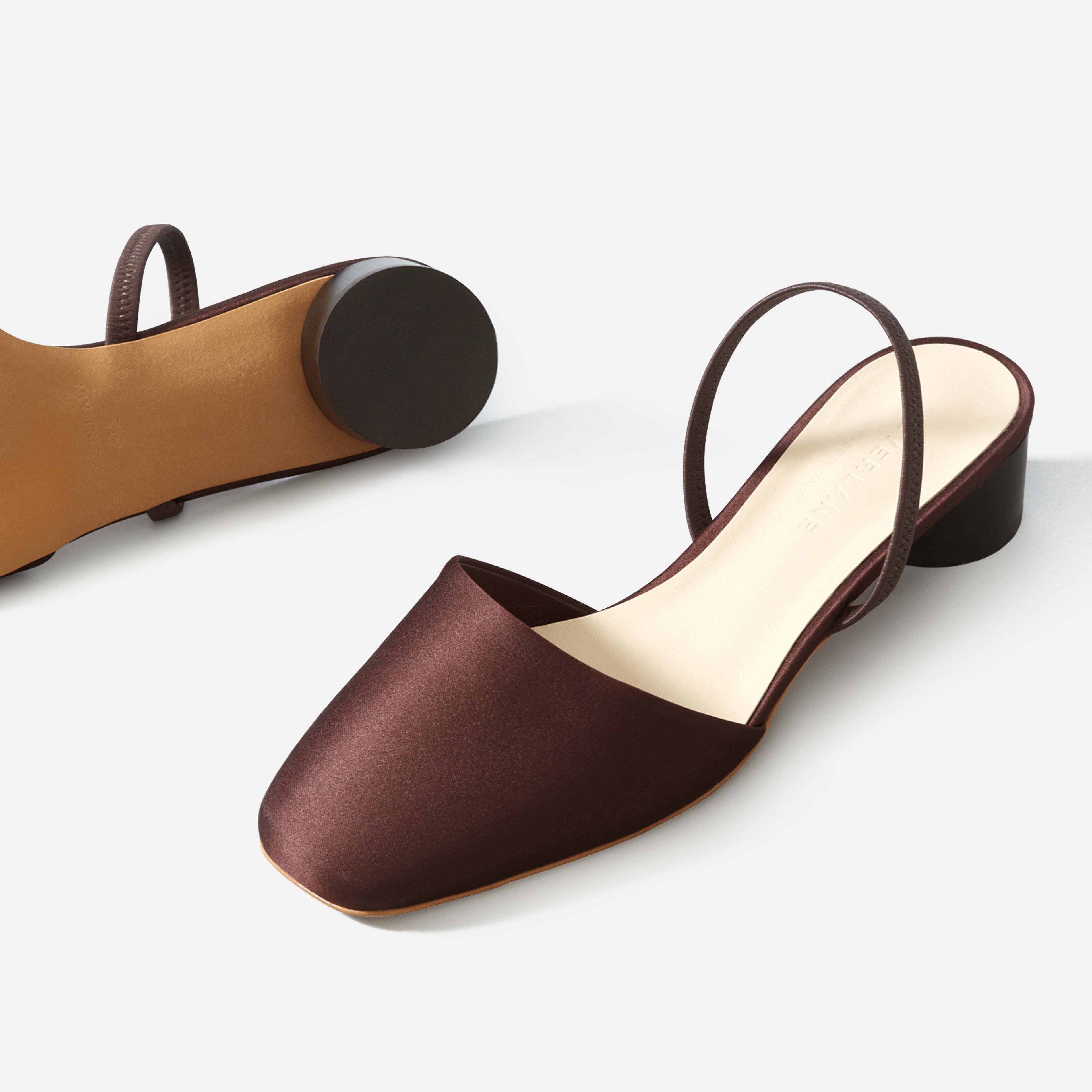The Tapered Square Toe Slingback Chocolate Satin – Everlane