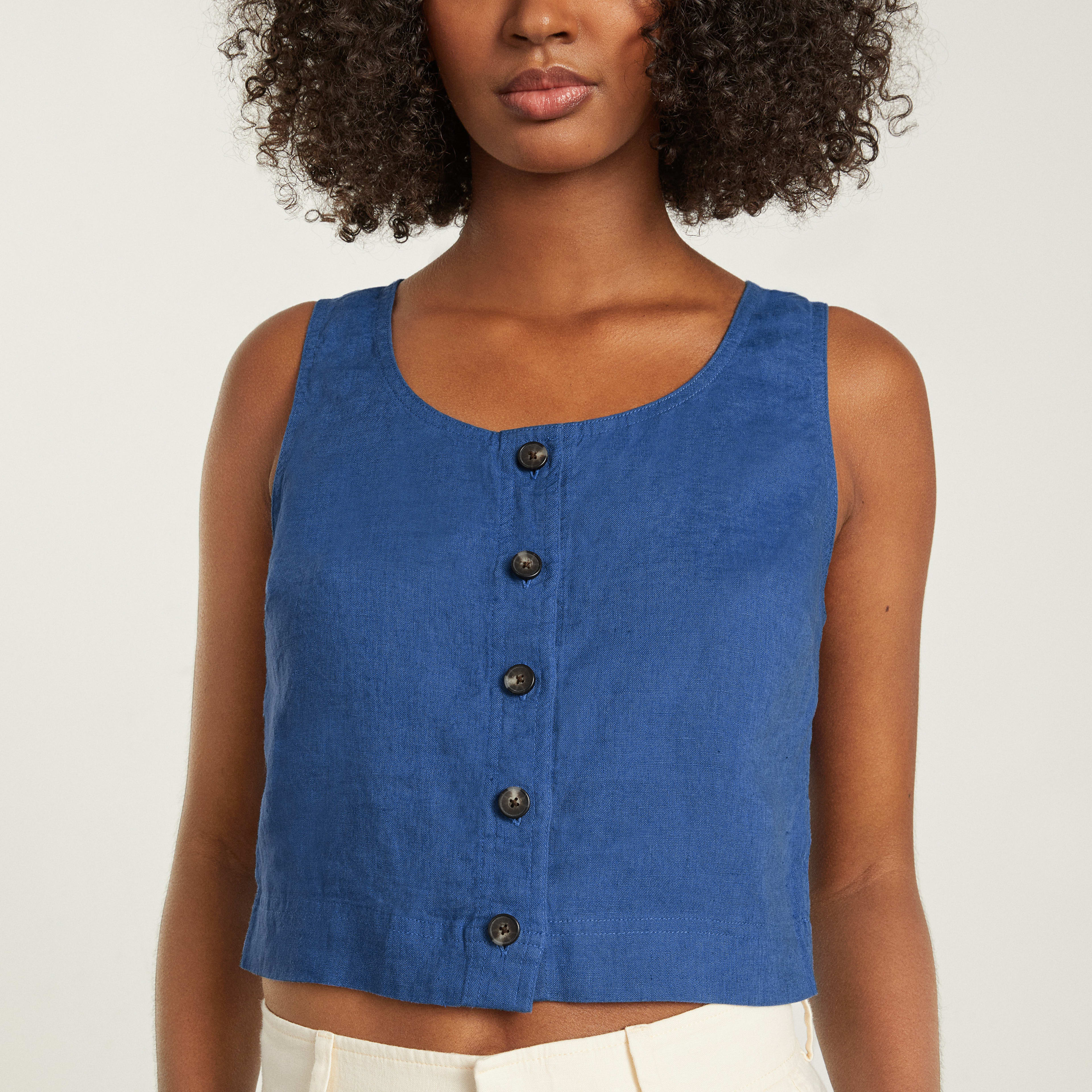 The Linen Button-Front Crop Tank Deep Blue – Everlane