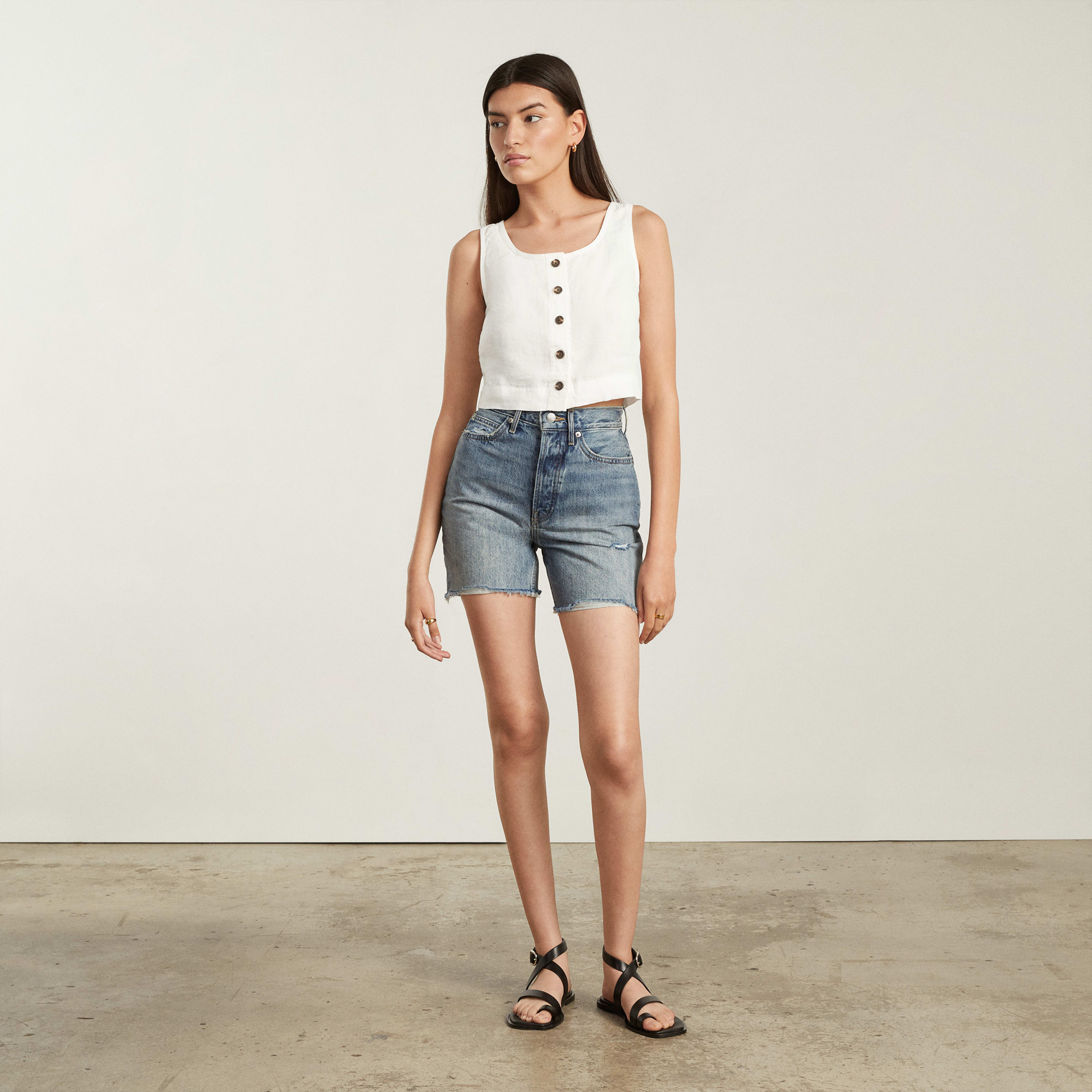The Linen Button-Front Crop Tank White – Everlane
