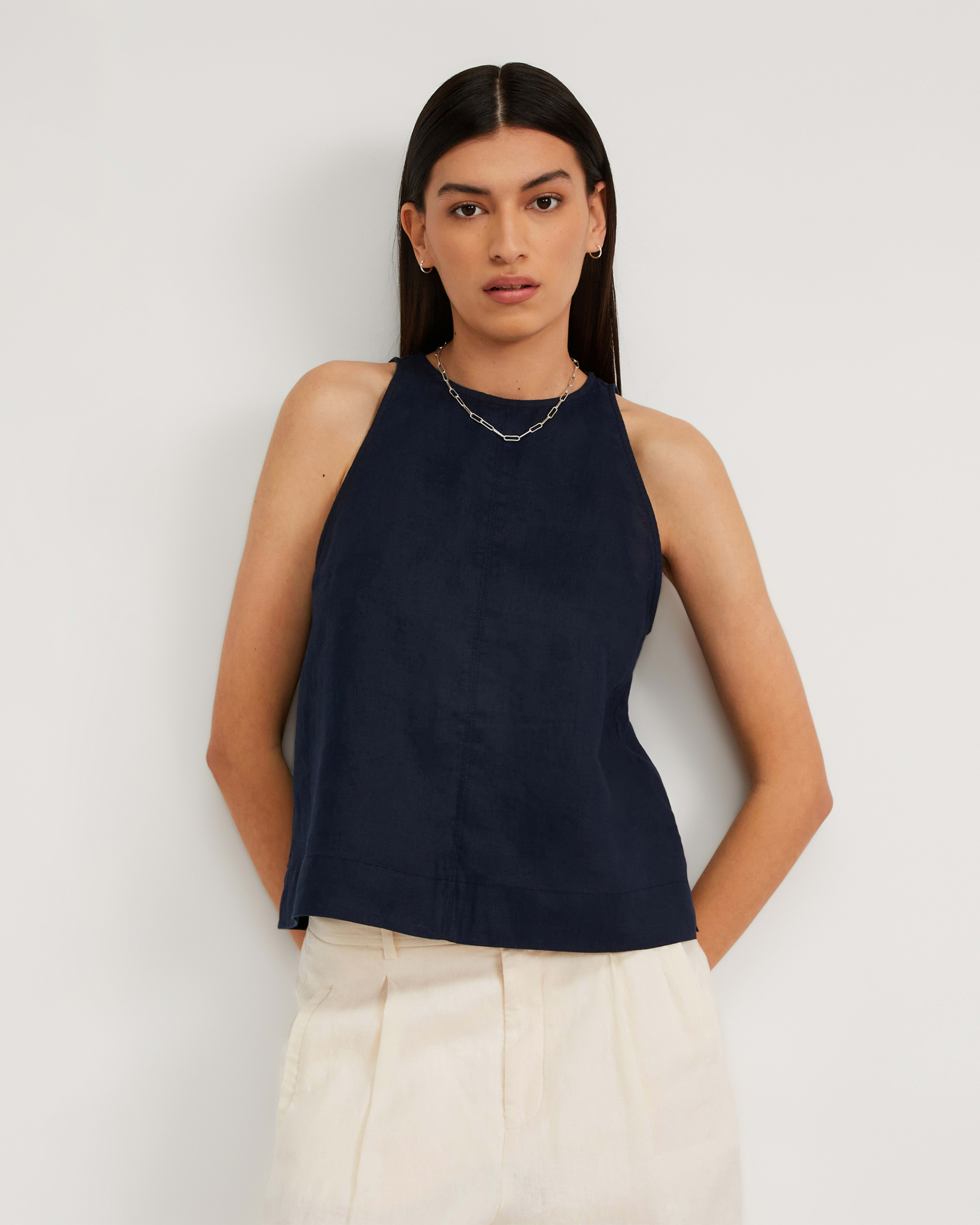 The Linen High-Neck Tank Navy – Everlane