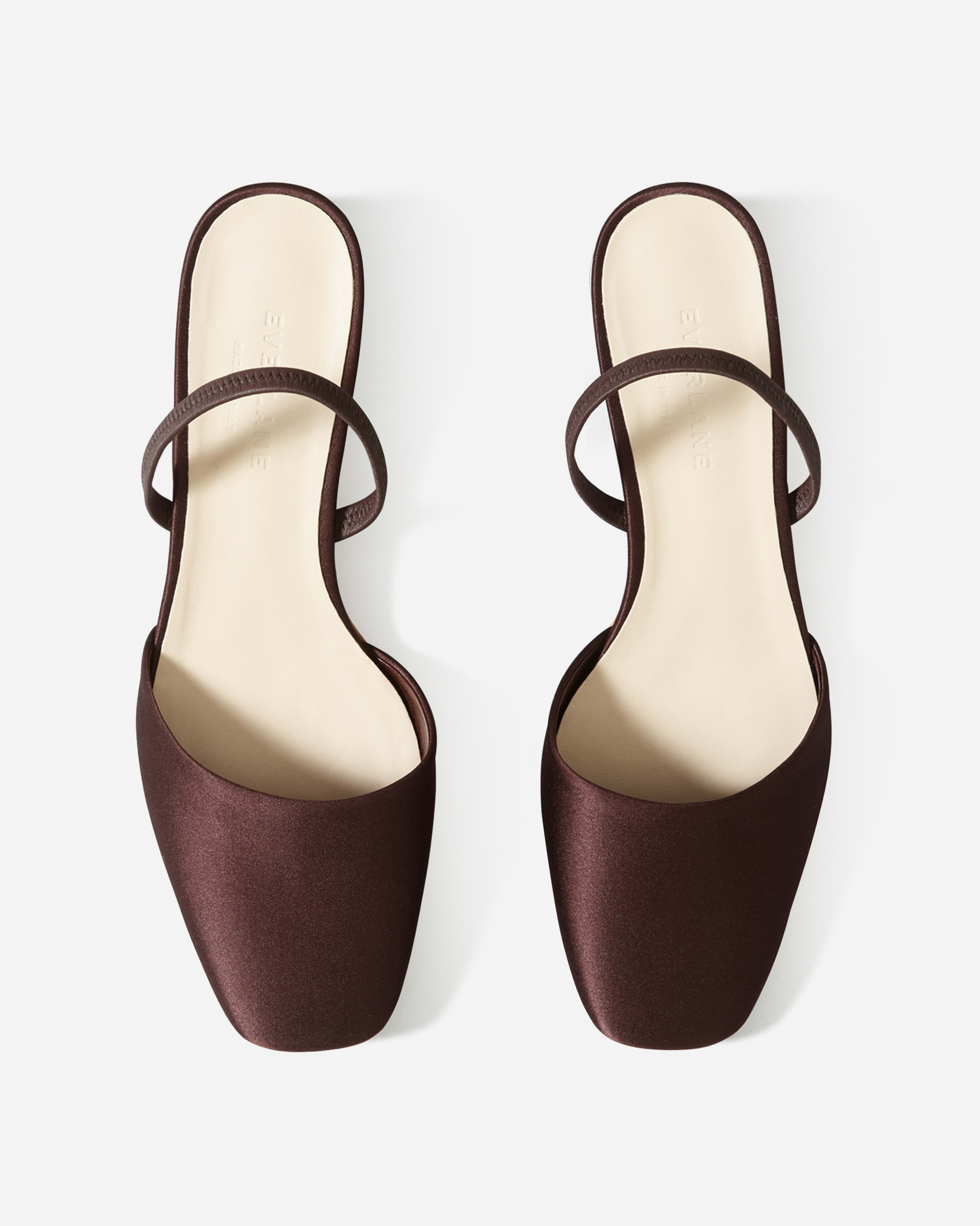 The Tapered Square Toe Slingback Chocolate Satin – Everlane