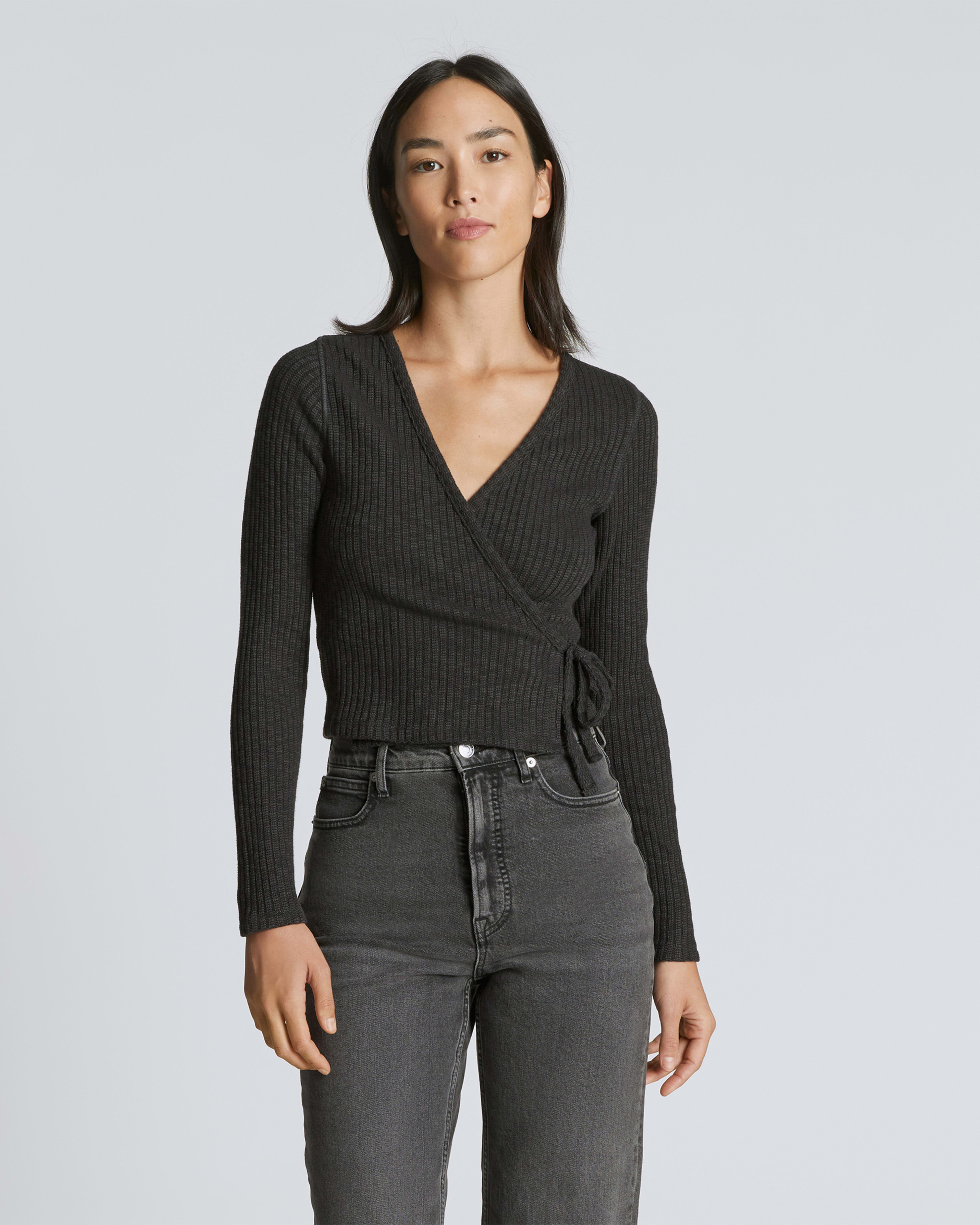 The Rib-Knit Wrap Top Black – Everlane