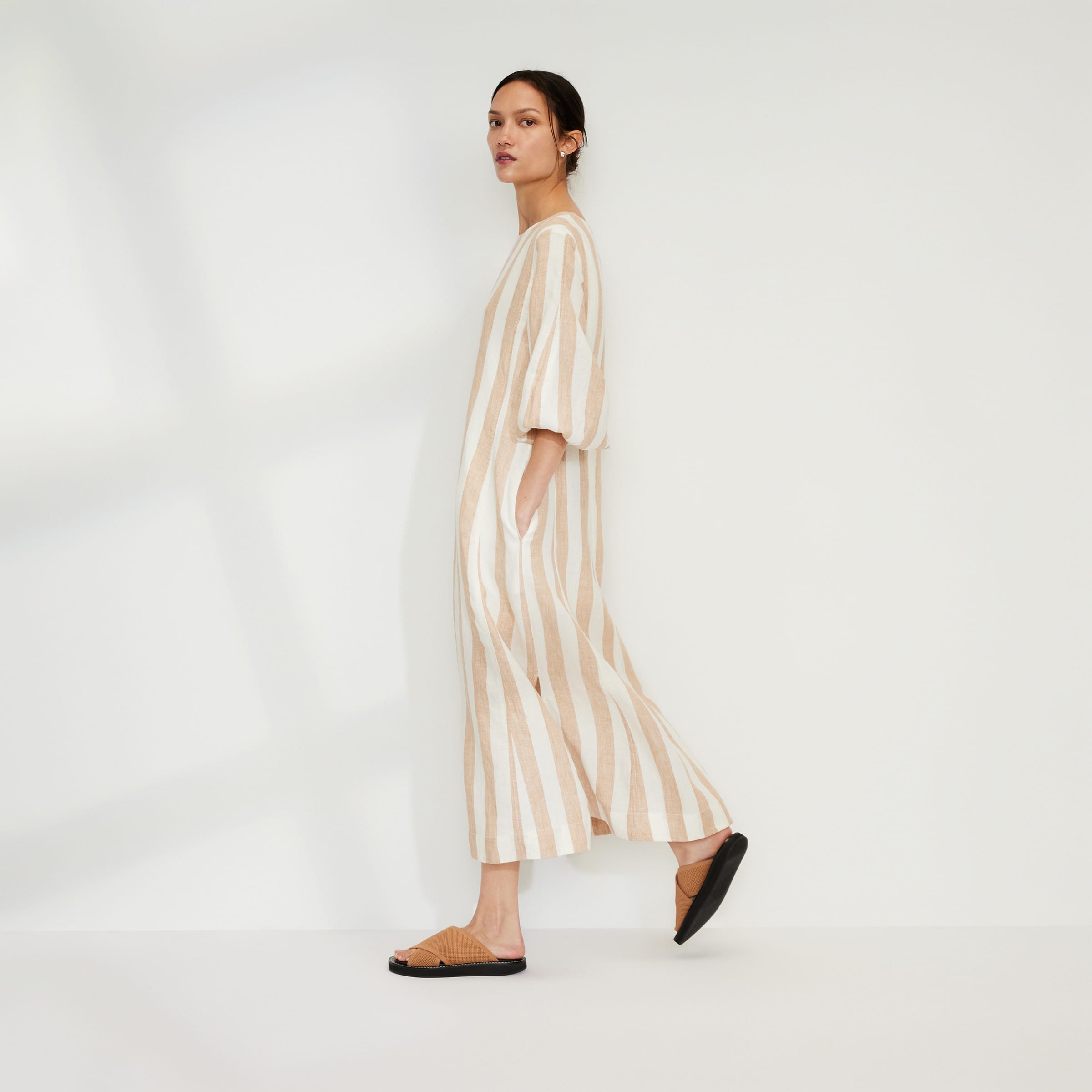 The Linen A-Line Midi Dress Bone / Caramel – Everlane