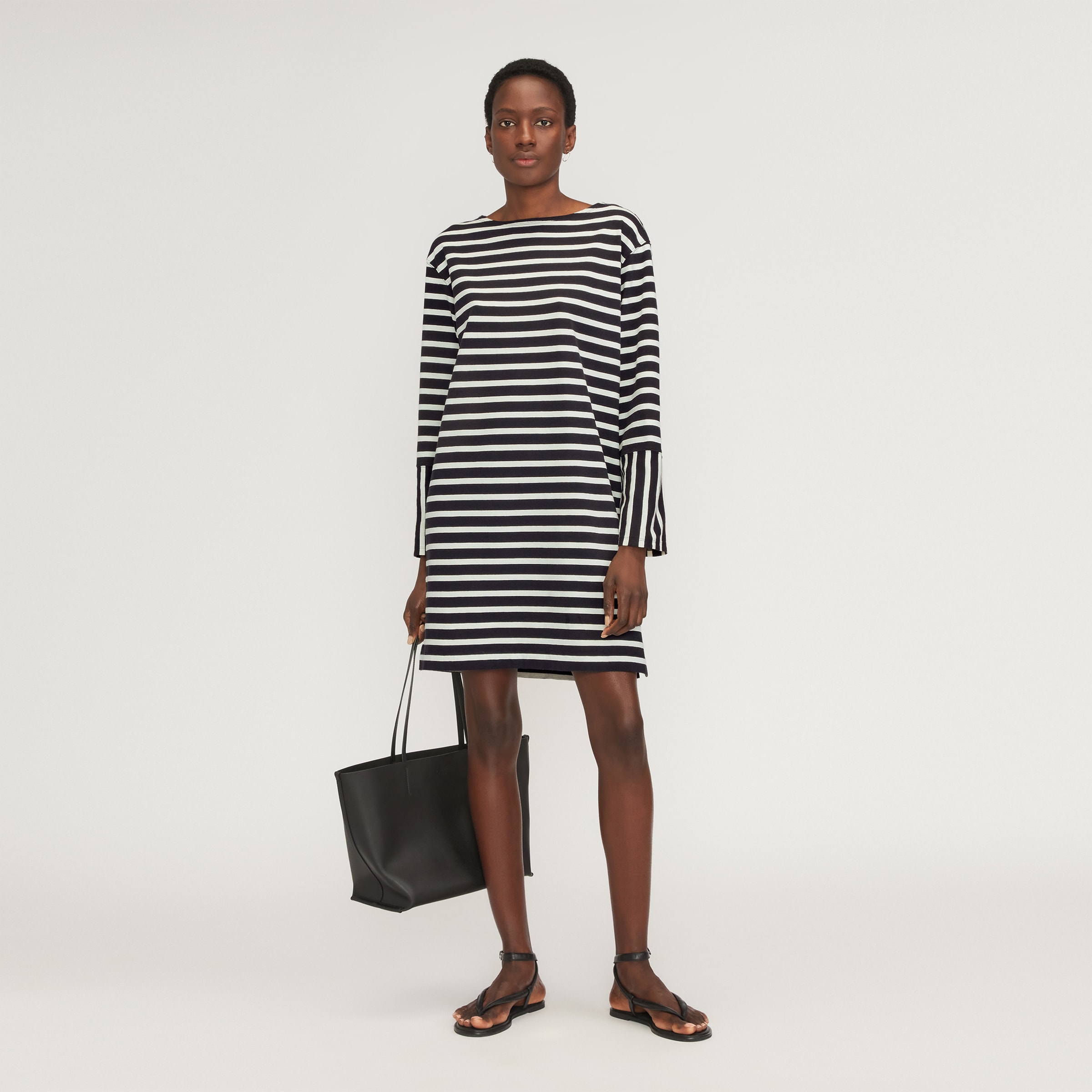 The Organic Cotton Striped Tee Dress Black / Canvas Tan – Everlane