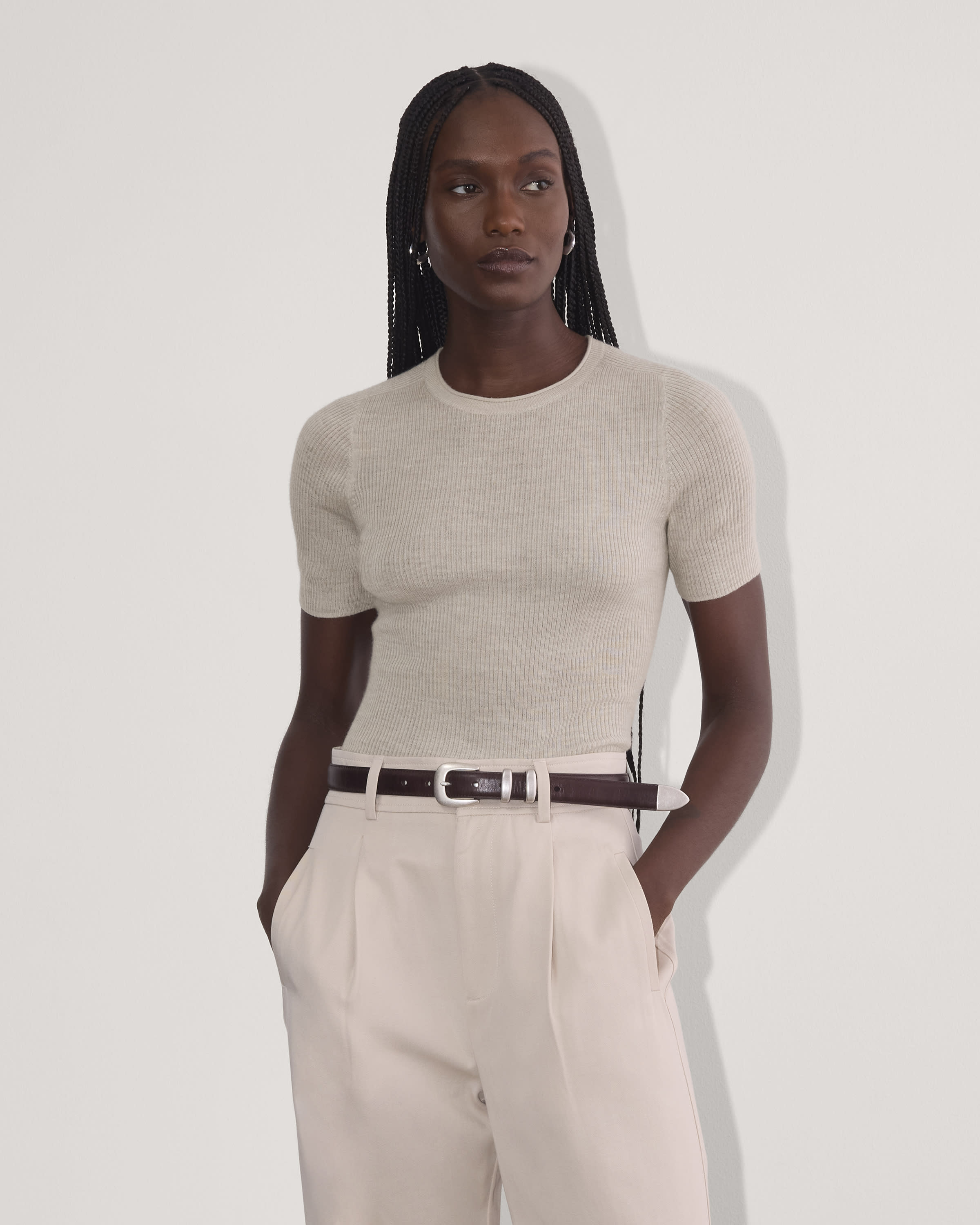 The Sweater Tee in Ultrasoft Merino Heather Oatmeal – Everlane