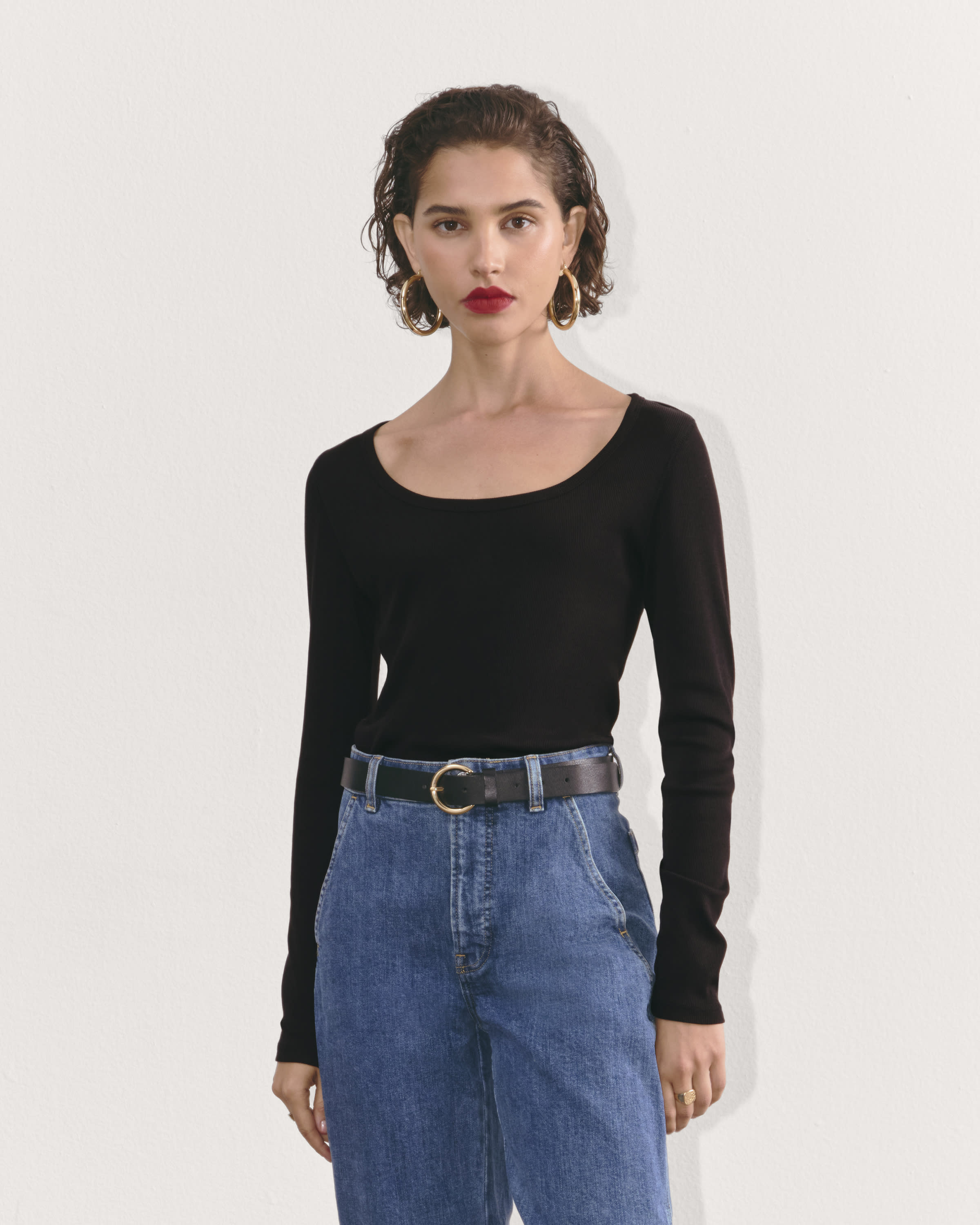 The Luxe Rib Long Sleeve Scoop Neck Tee Black Everlane
