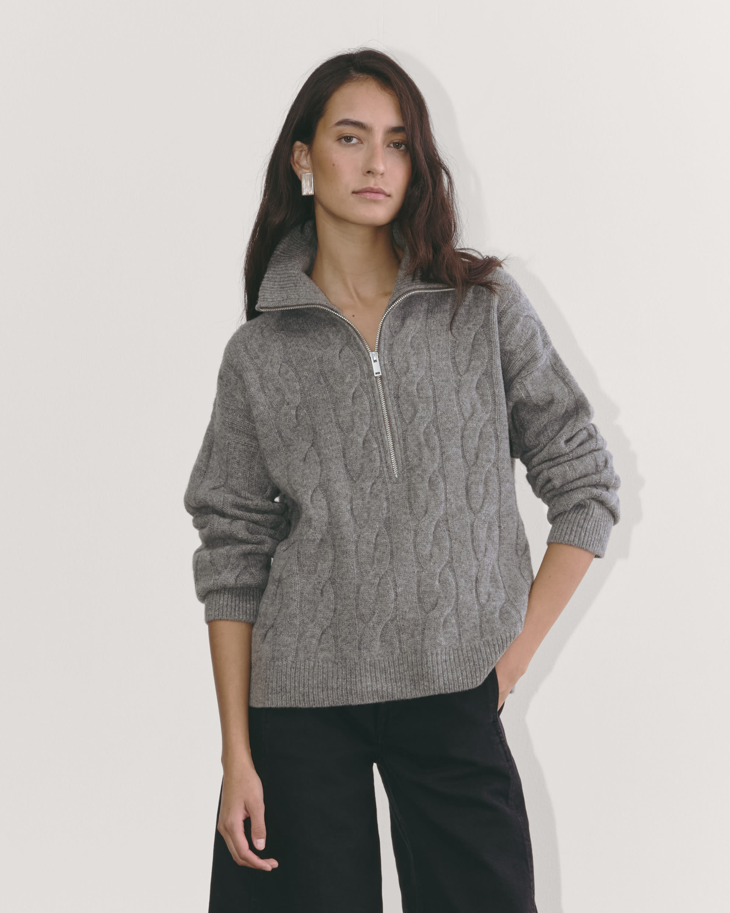 The Cable Half-Zip in Luxe Merino Heathered Mid-Grey – Everlane