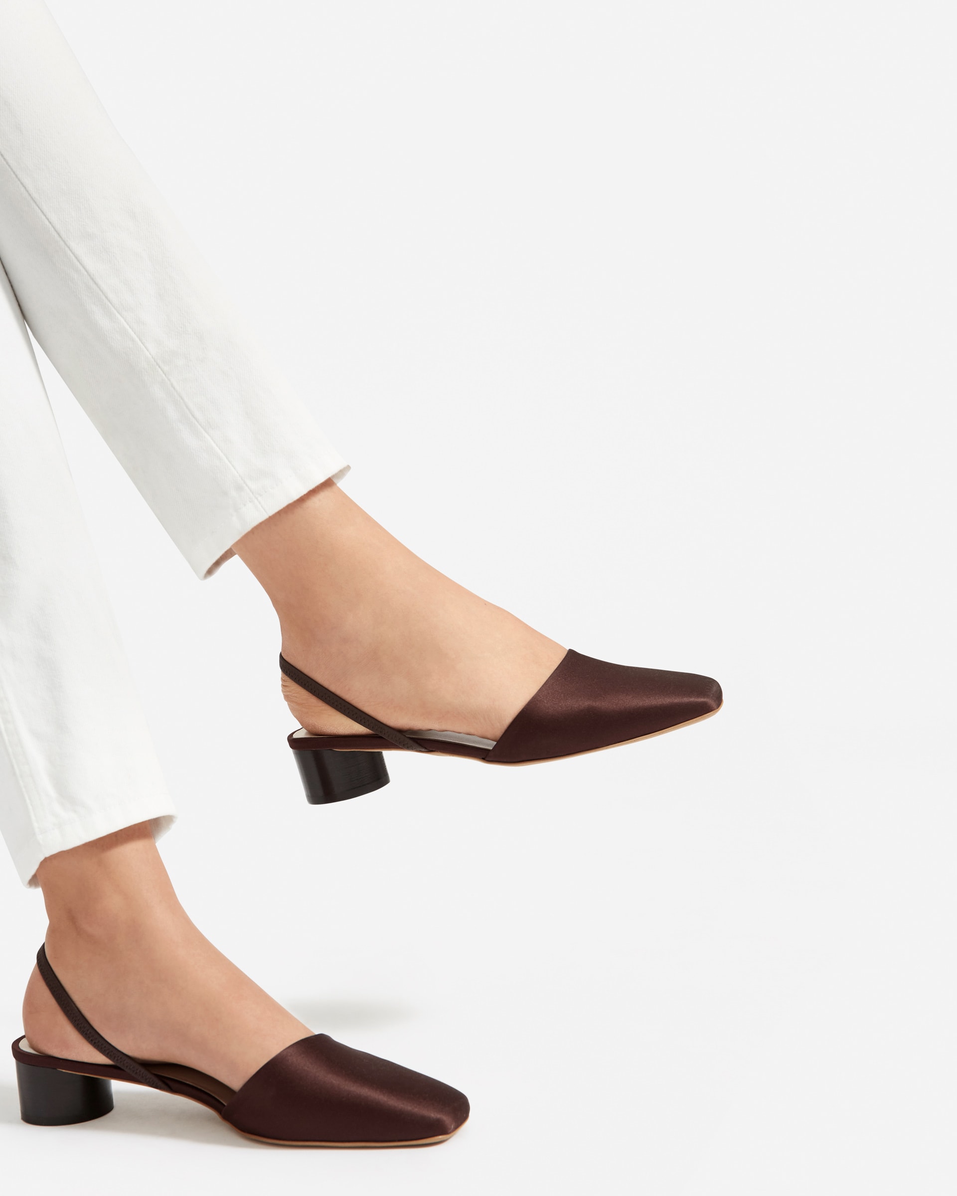 The Tapered Square Toe Slingback Chocolate Satin – Everlane