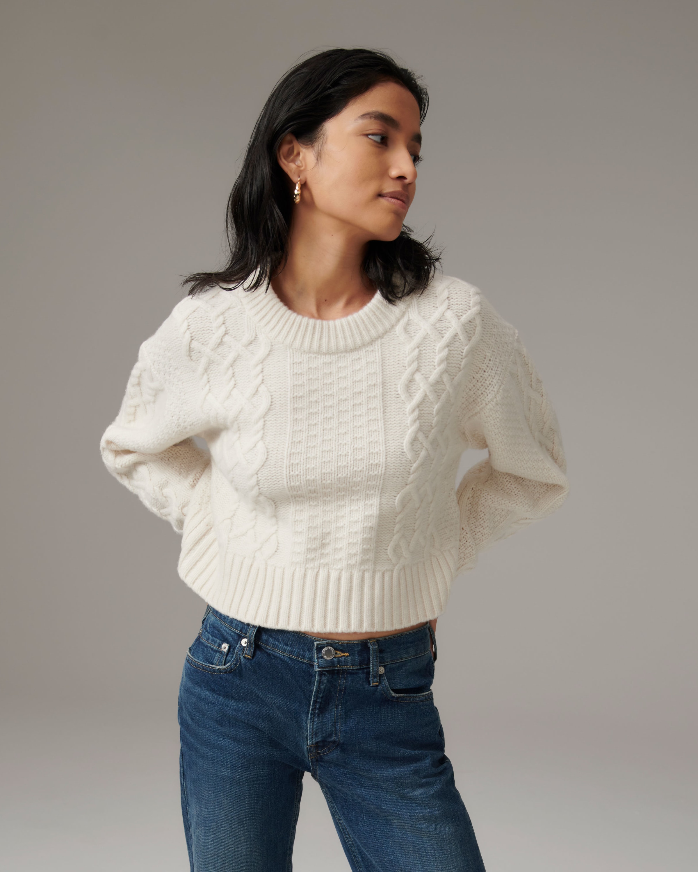 The Felted Merino Cropped Cable Sweater Bone – Everlane