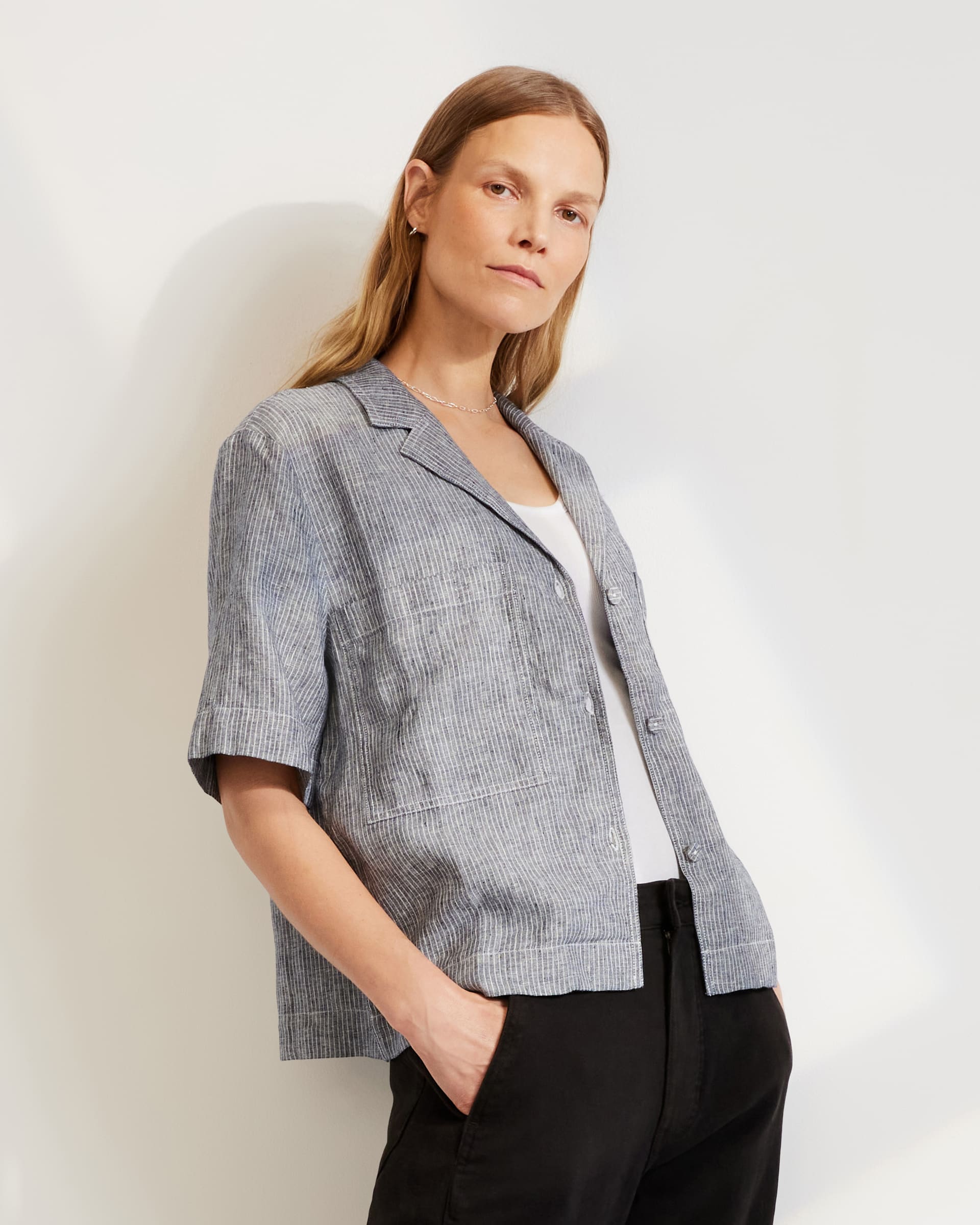 The Linen Workwear Shirt Canvas Tan / Navy – Everlane