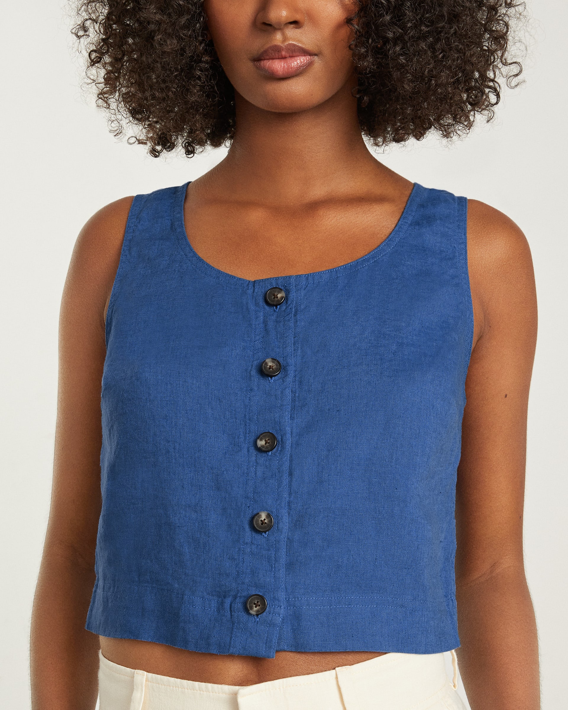 The Linen Button-Front Crop Tank Deep Blue – Everlane