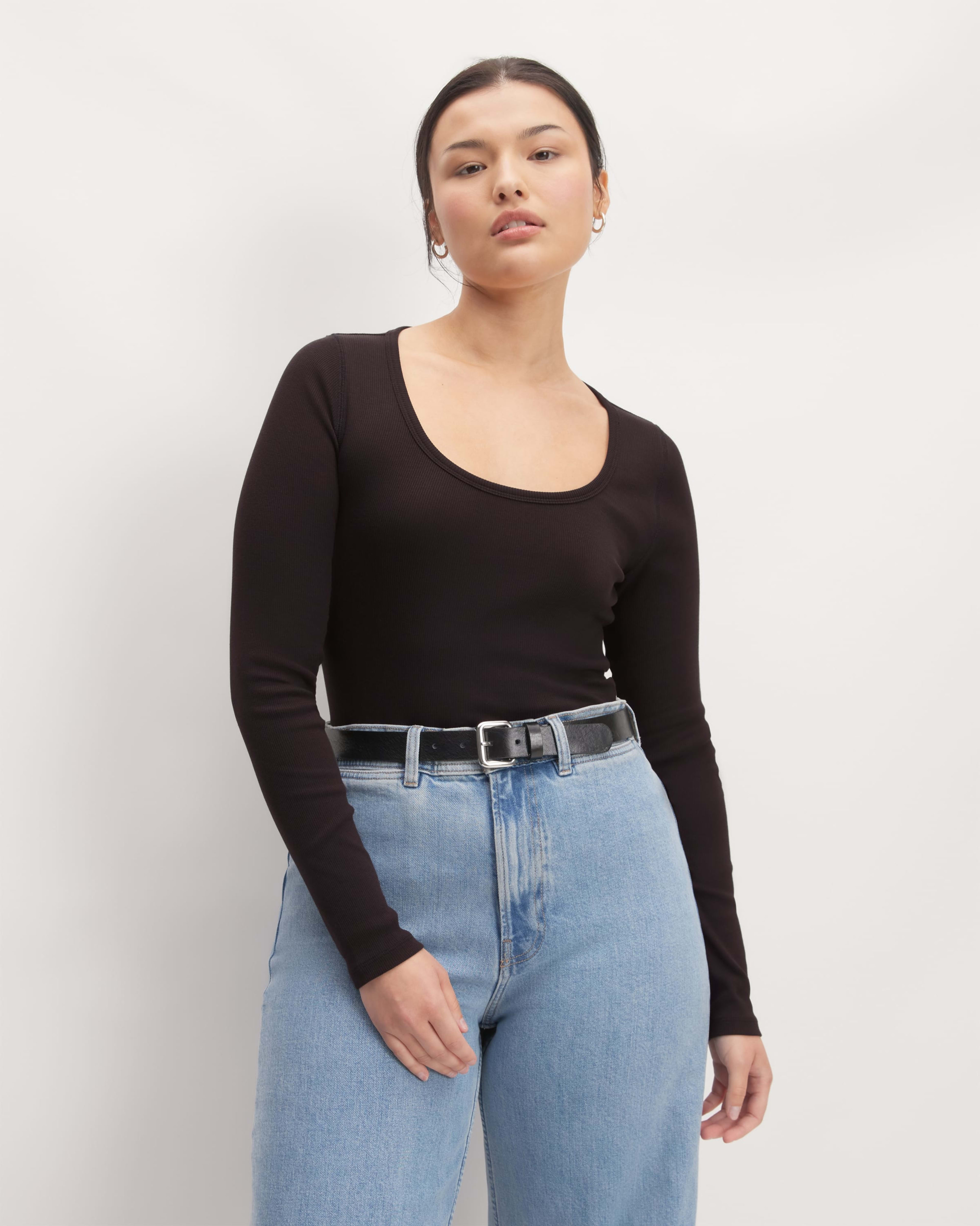The Luxe Micro Rib Long Sleeve Scoop Neck Tee Black Everlane