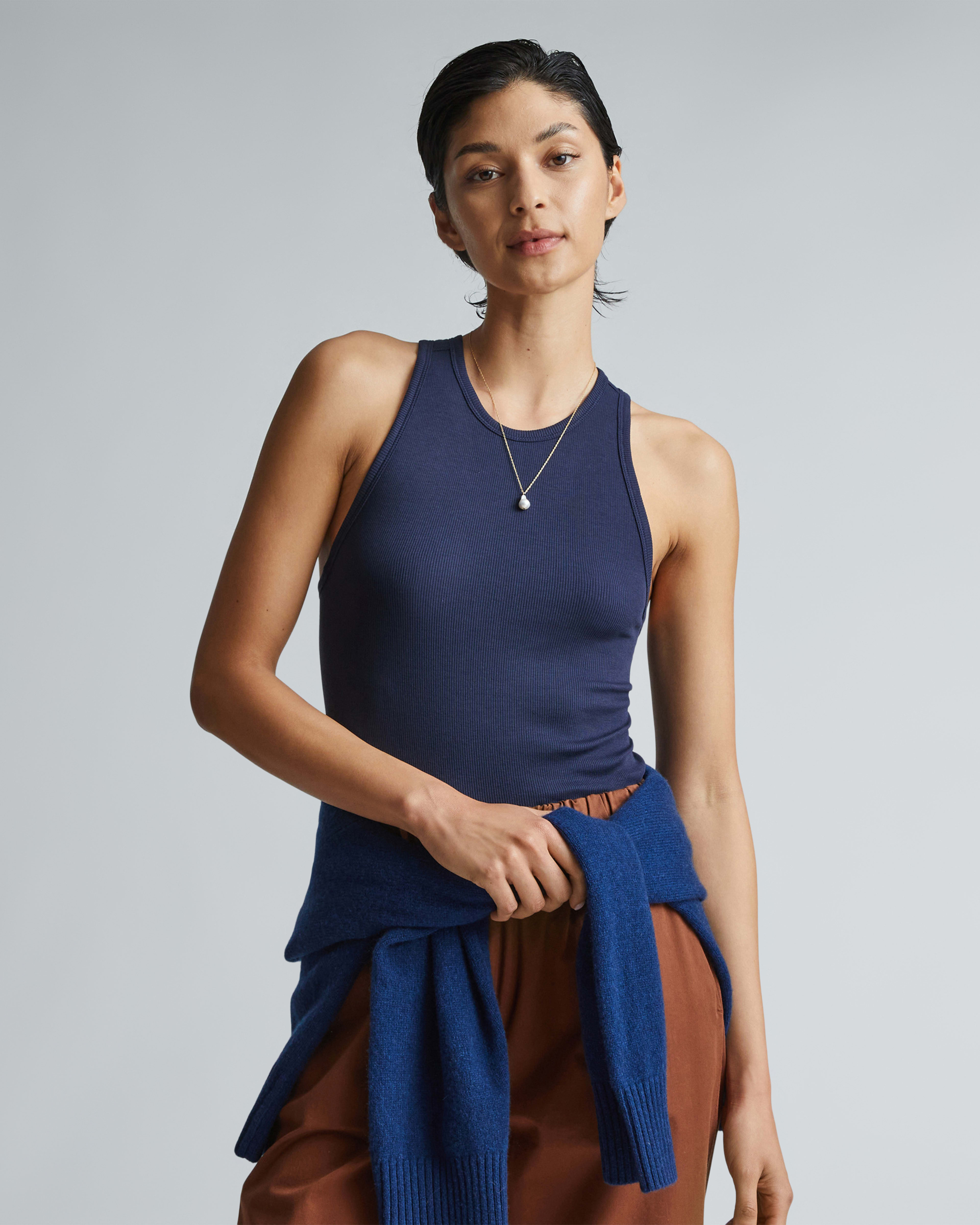 The Luxe Micro Rib Racerback Tank Navy Everlane