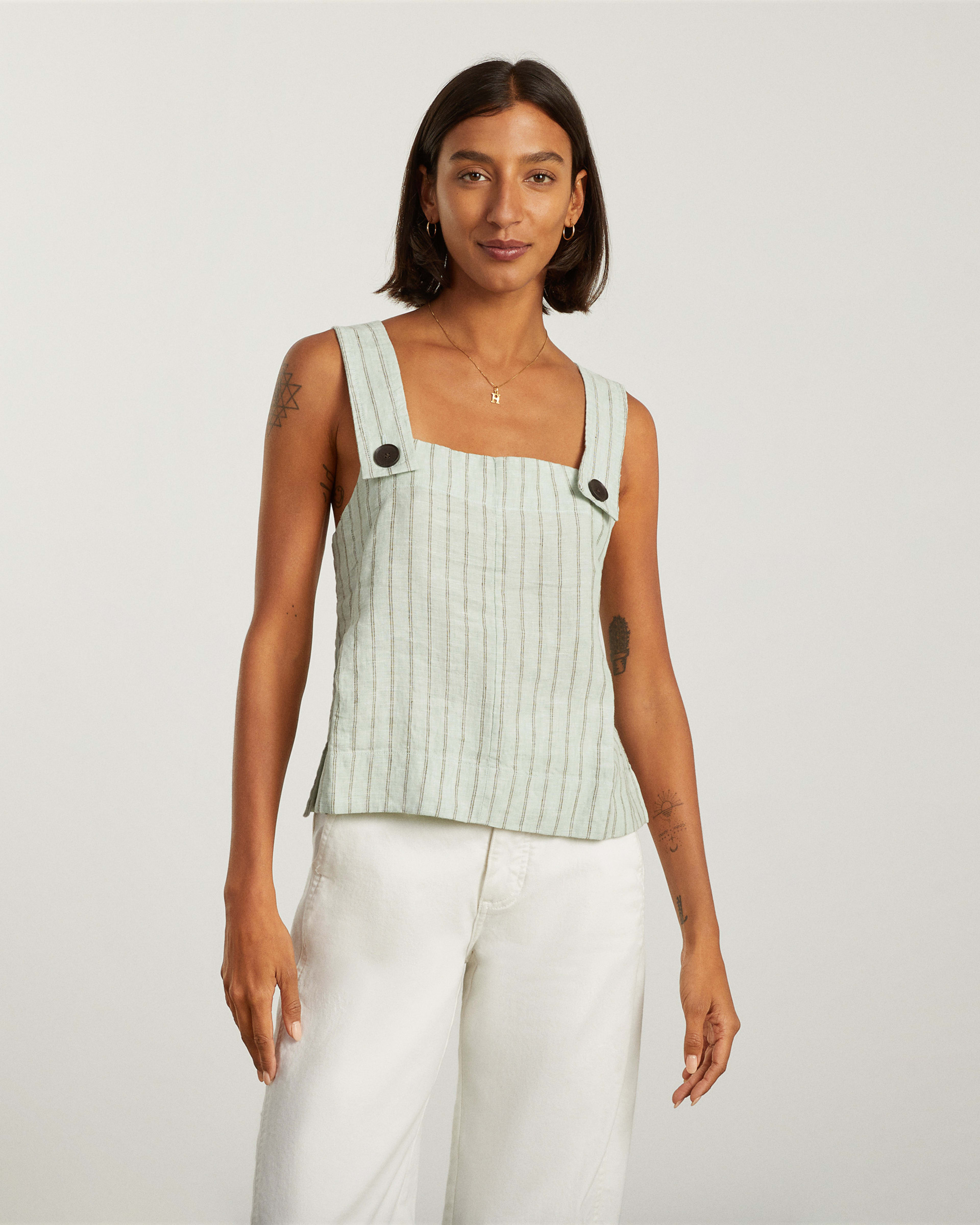 The Apron Linen Tank Seafoam Pinstripe – Everlane