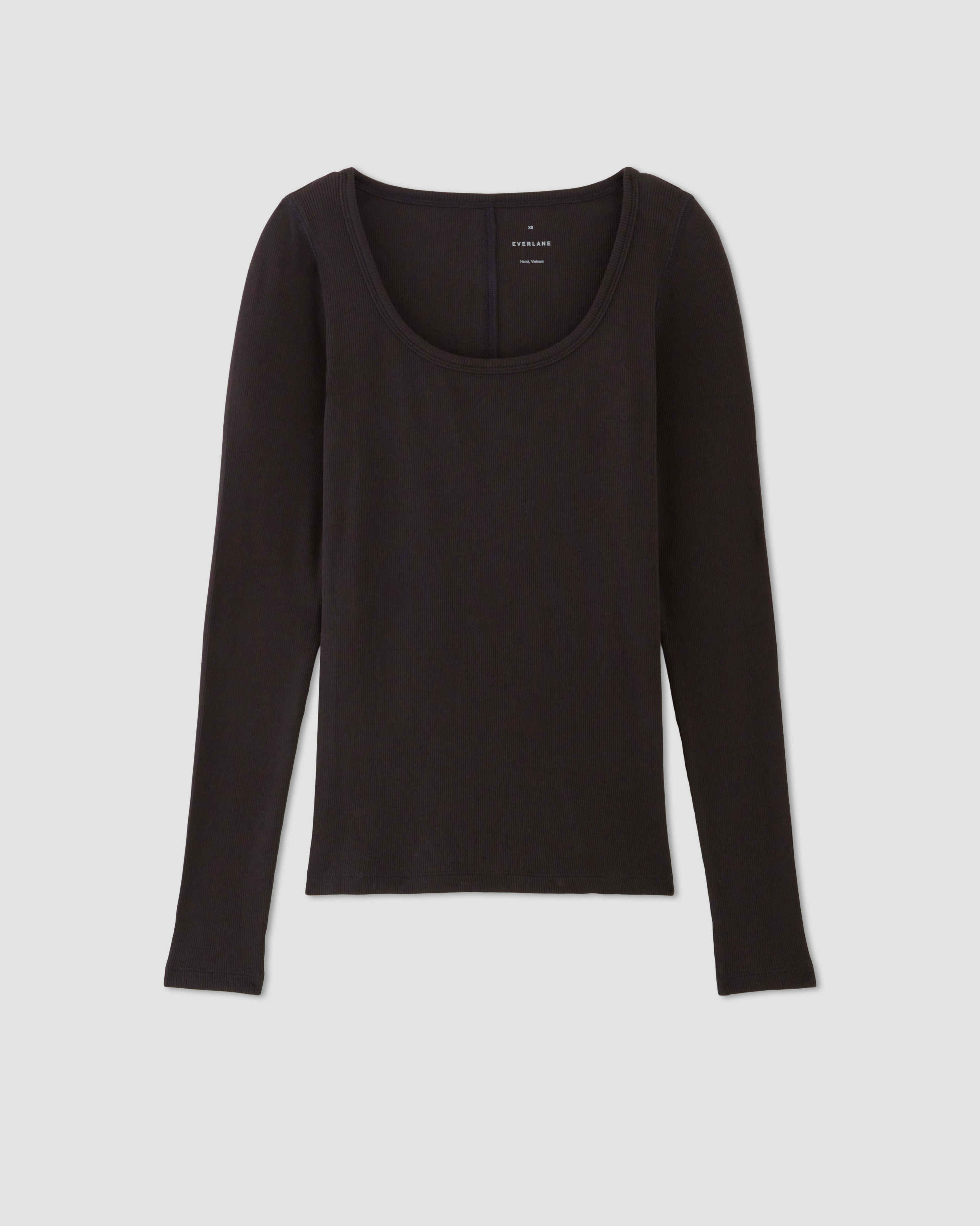 The Luxe Micro-Rib Long-Sleeve Scoop-Neck Tee Black – Everlane