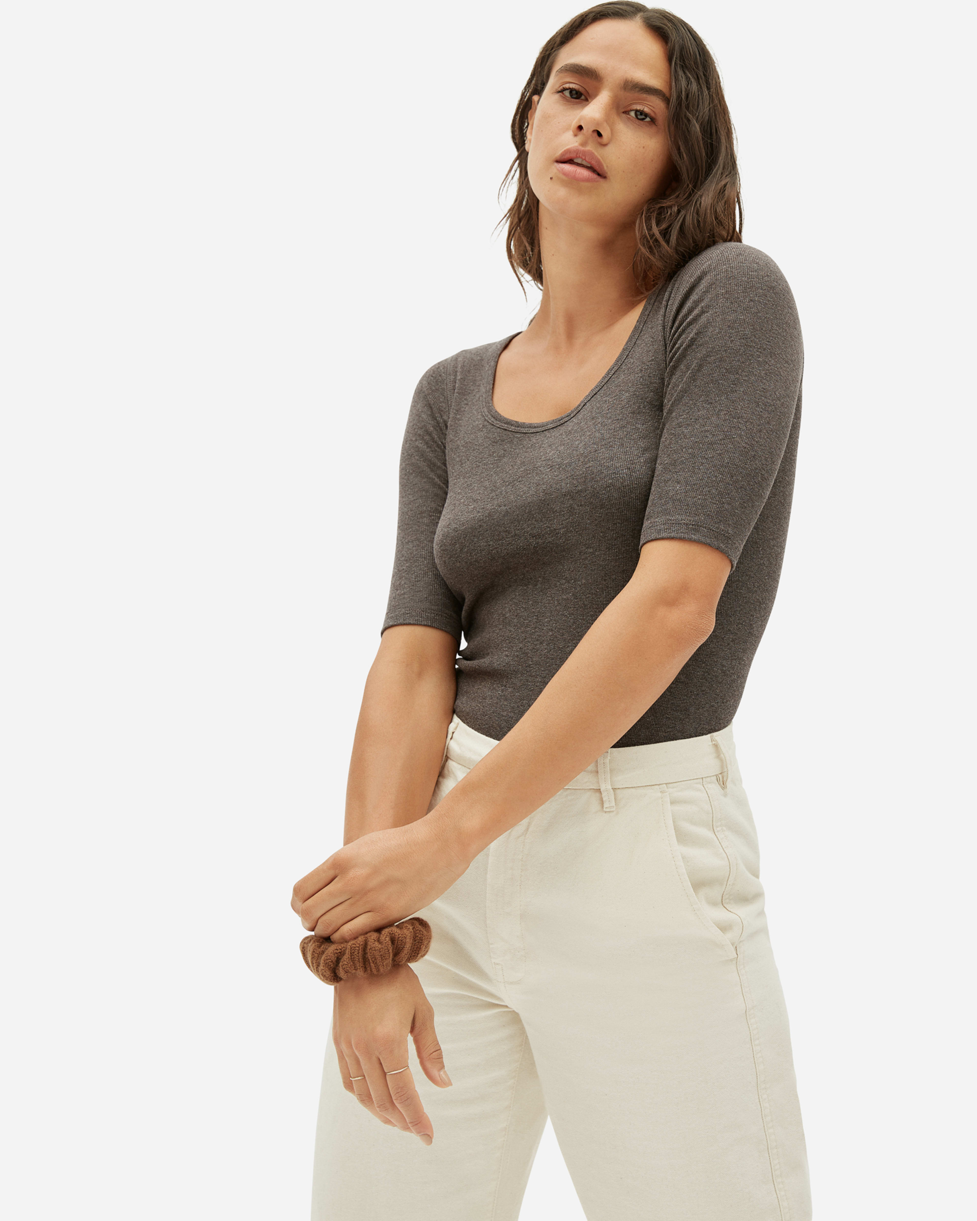The Luxe Micro Rib Scoop Neck Tee Heathered Fatigue Everlane